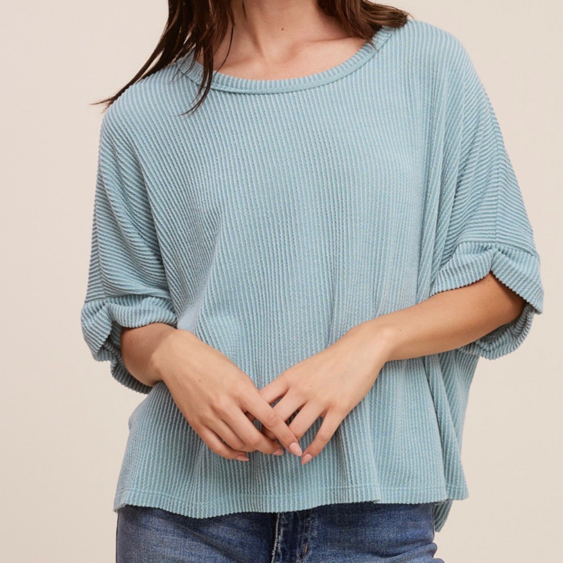 Blue Rib Knit Cuff Sleeve Top
